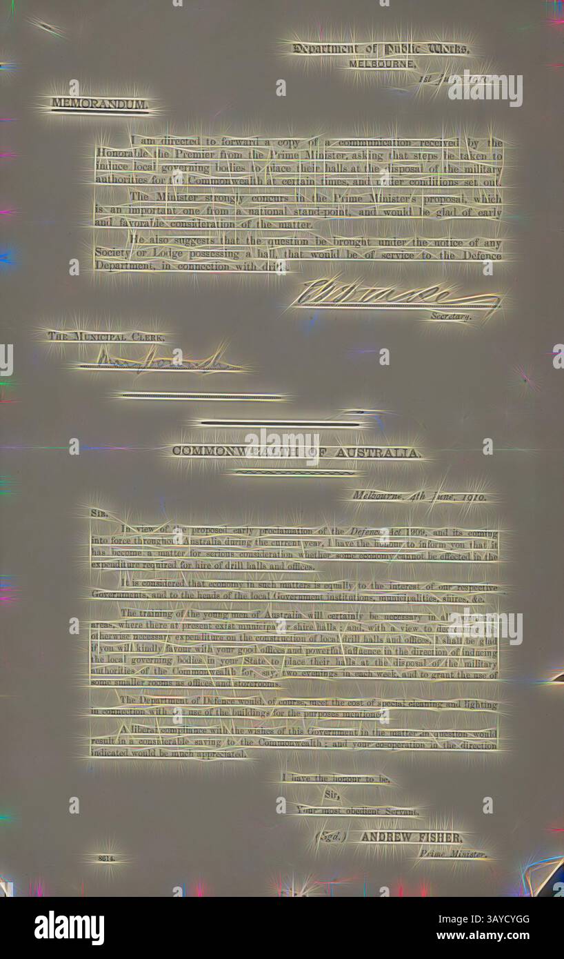 A typed memorandum from the Commonwealth of Australia, dated 1910 ...