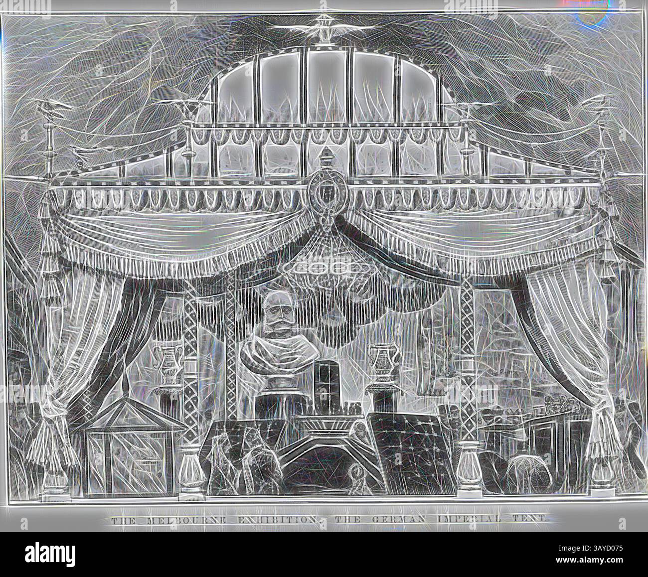 An ornate exhibition display featuring elaborate drapery, intricate ...