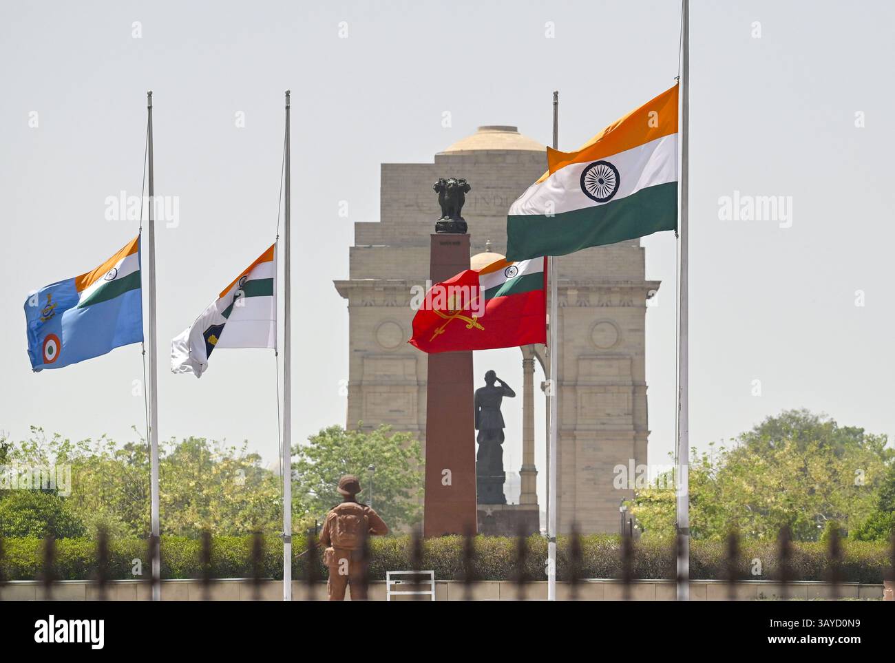 New Delhi, India. 22nd Apr, 2025. NEW DELHI, INDIA - APRIL 22: National Flag seen at Half mast ...