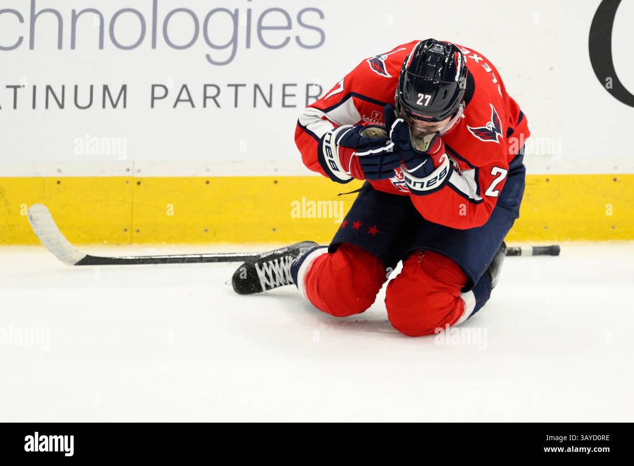 Washington Capitals defenseman Alexander Alexeyev (27) reacts after he ...