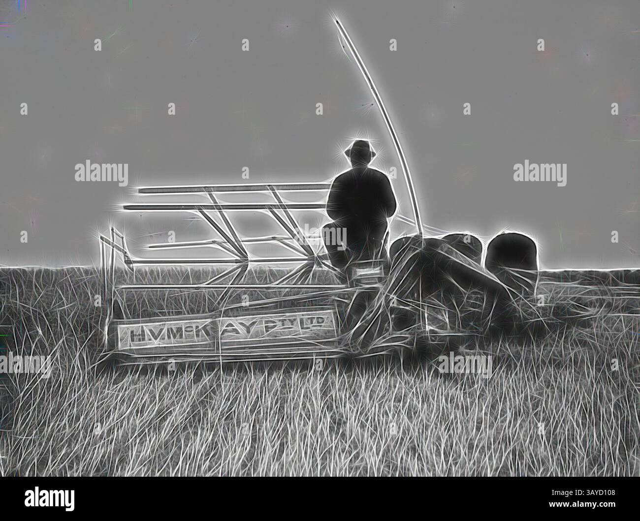 A figure sits atop a vintage hay harvester, surrounded by tall grass in ...