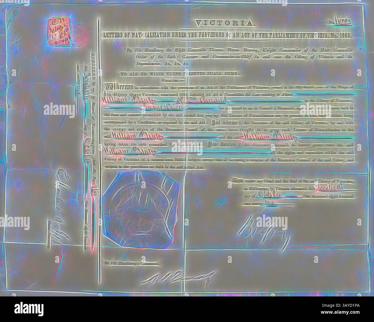 A historical document from Victoria, featuring ornate seals, signatures ...