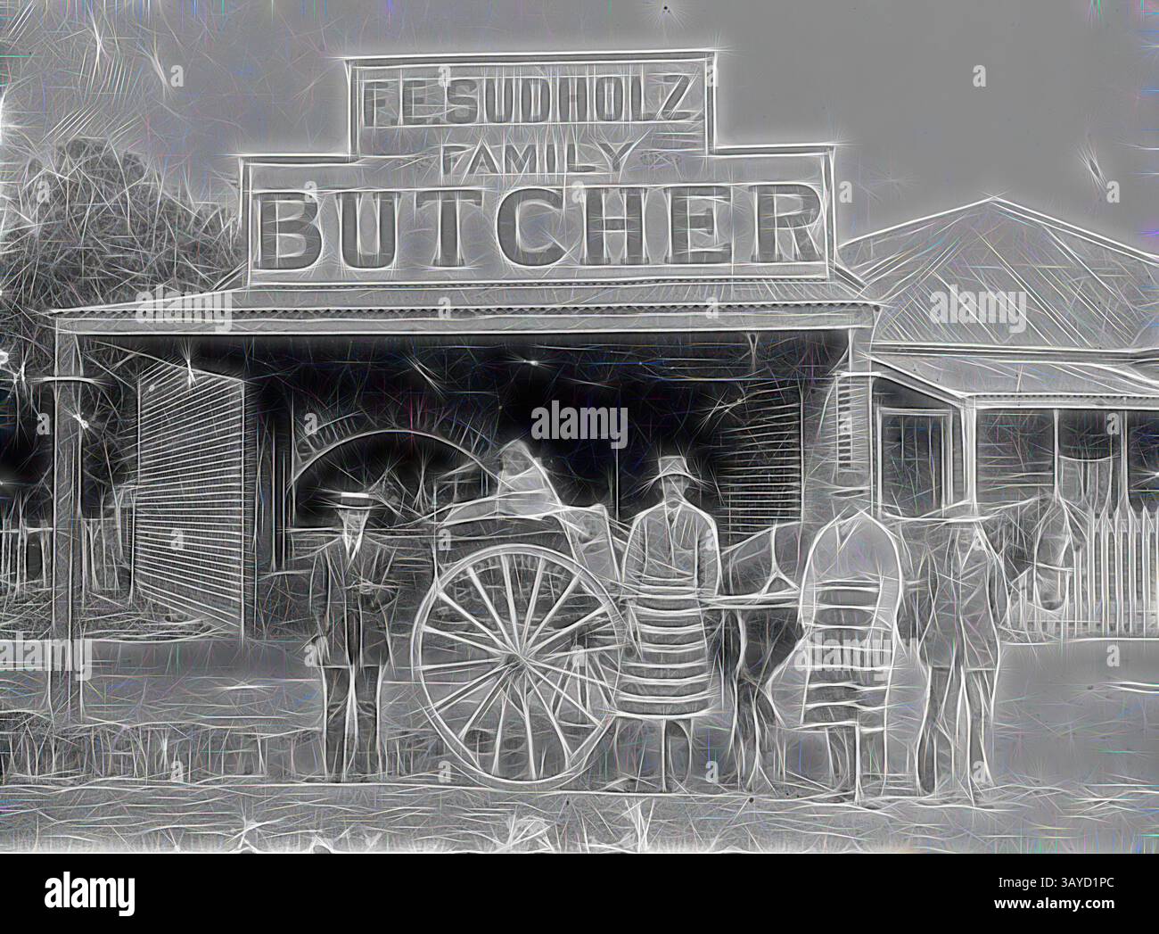 A vintage scene featuring a family-run butcher shop, with a horse-drawn ...