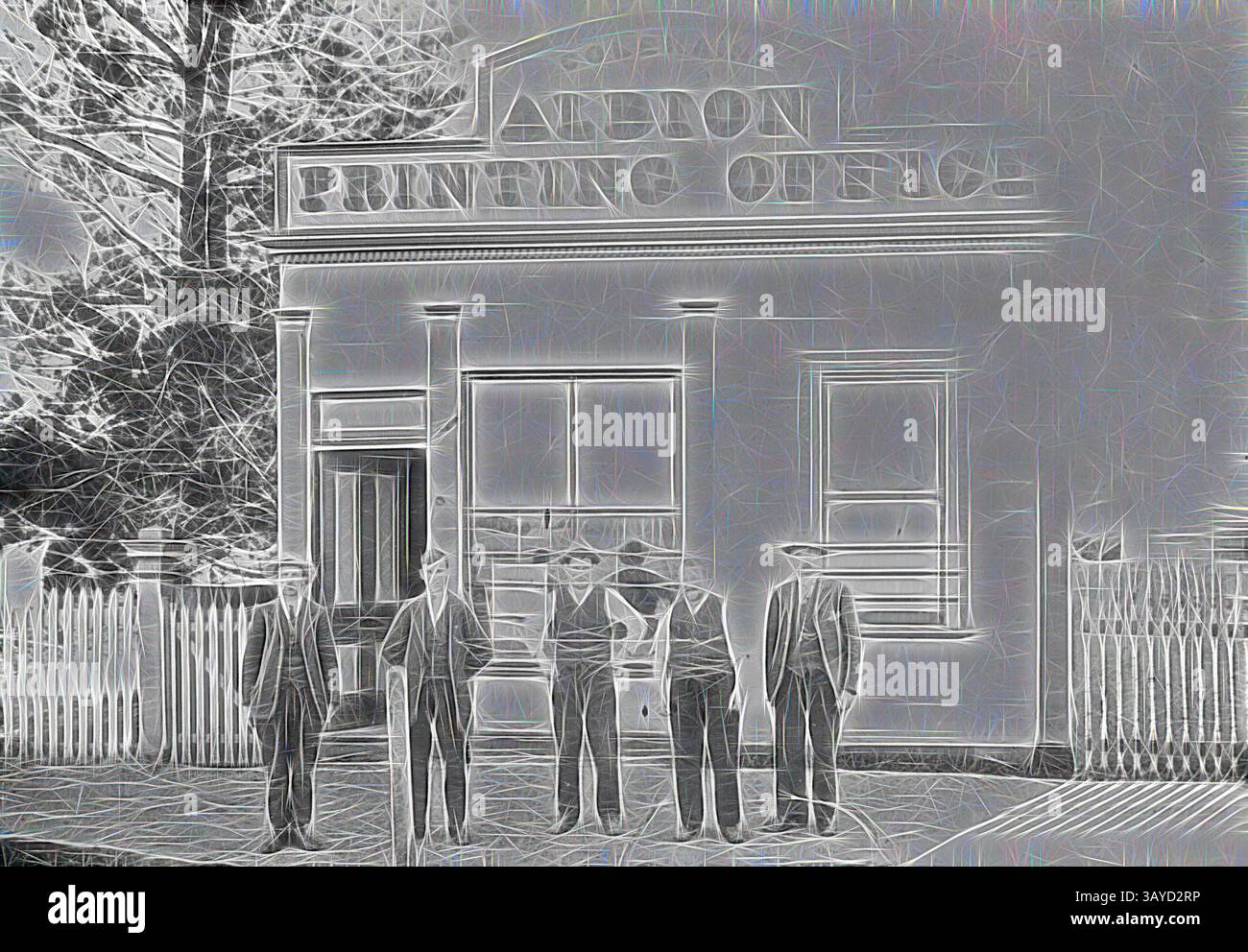 A group of five individuals stands in front of a printing office ...