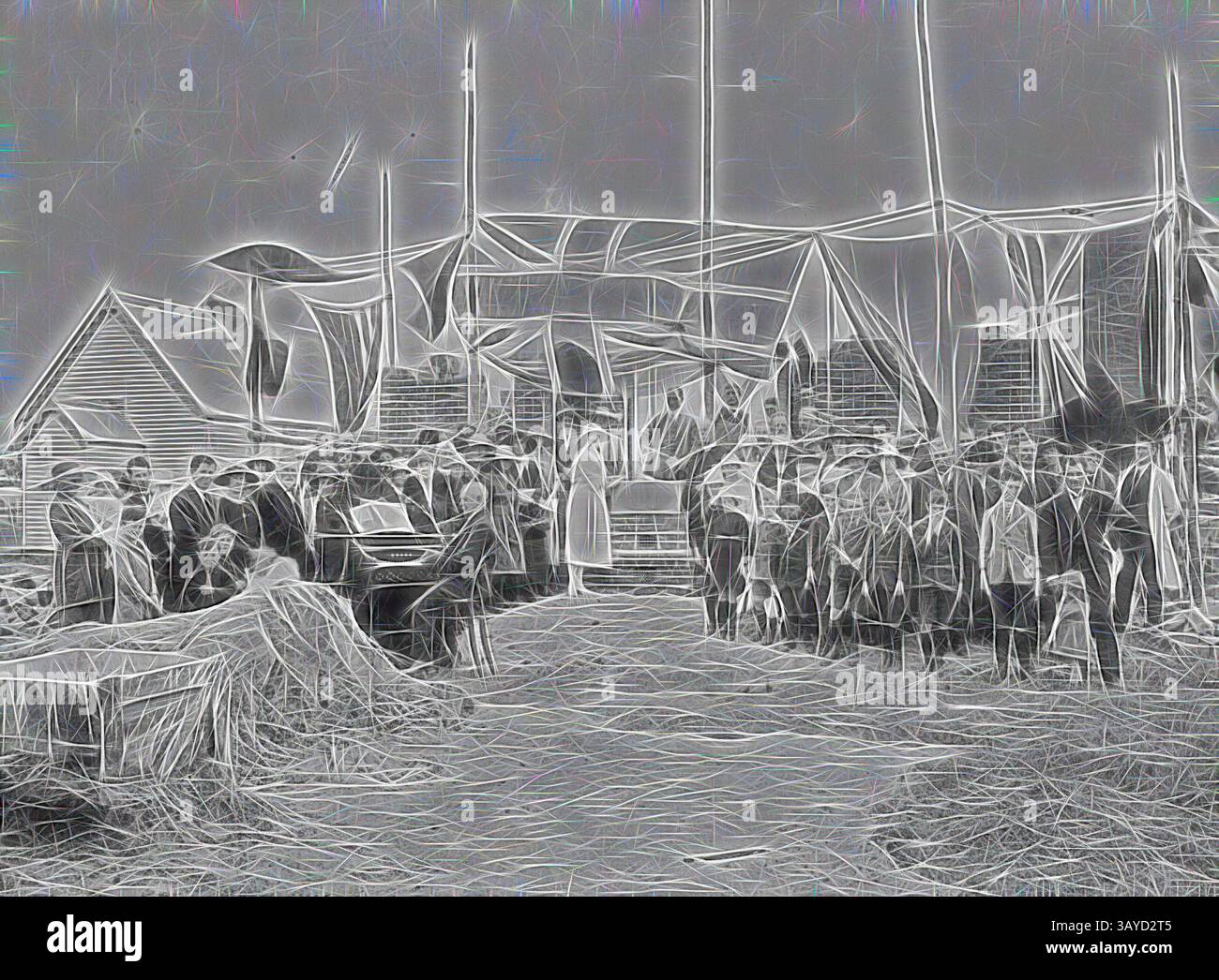 A bustling gathering around a tented structure, with a crowd of people ...