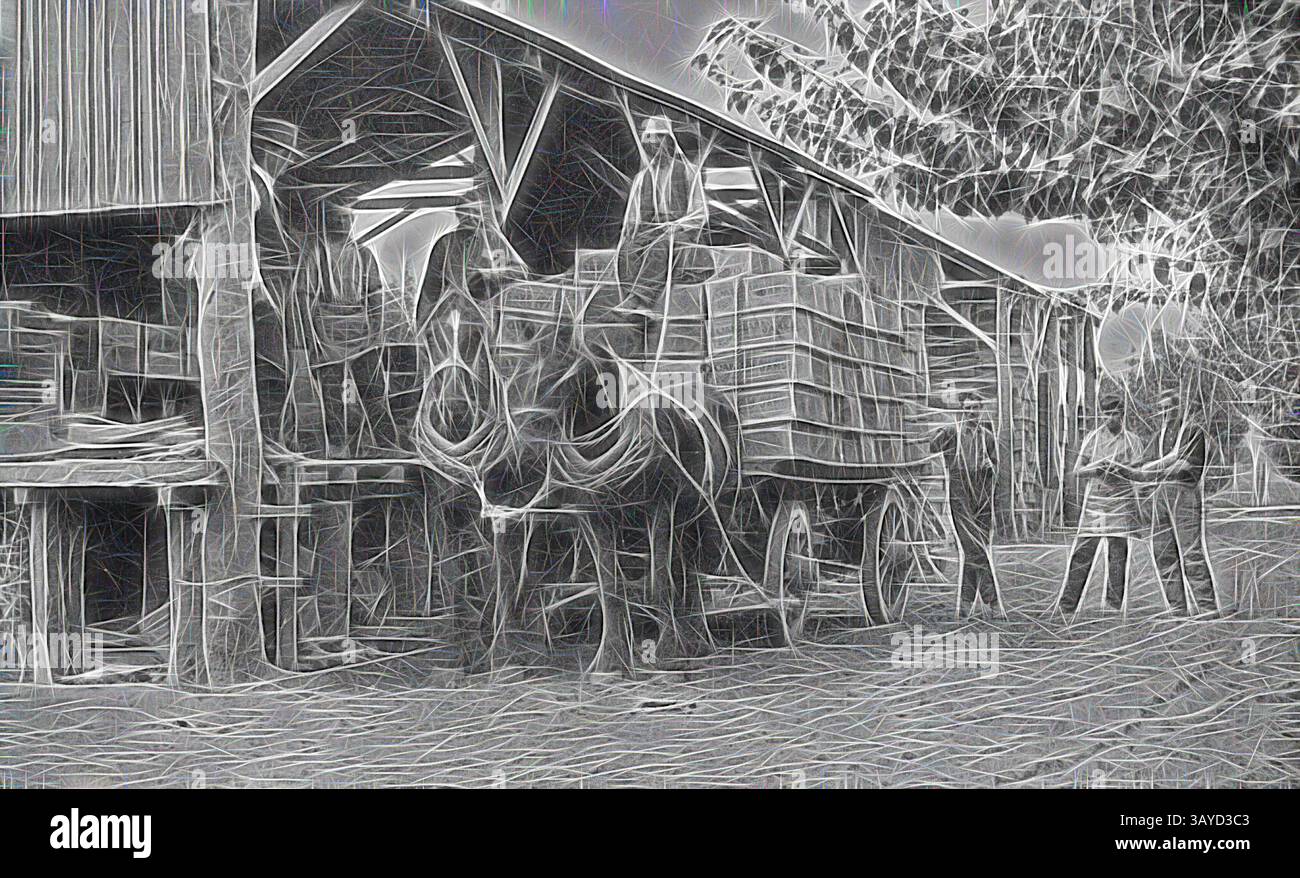 A bustling scene depicts workers loading crates onto a horse-drawn cart ...