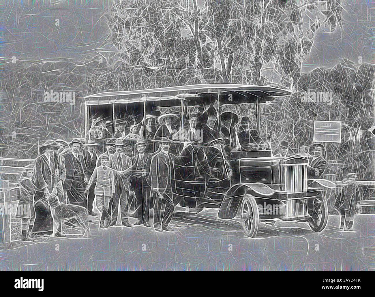 A vintage bus filled with passengers from a bygone era, surrounded by a ...