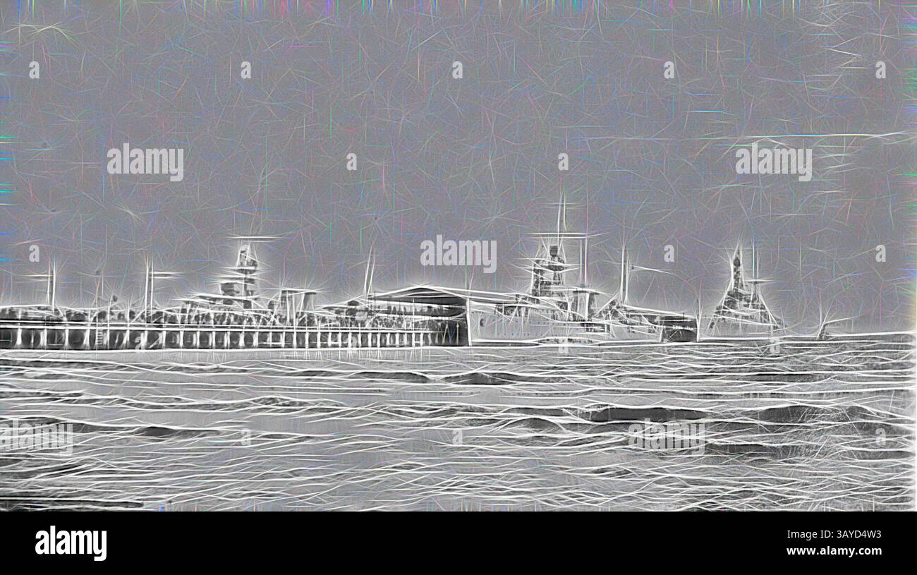 A stylized seascape featuring a grand battleship and a lighthouse, both ...