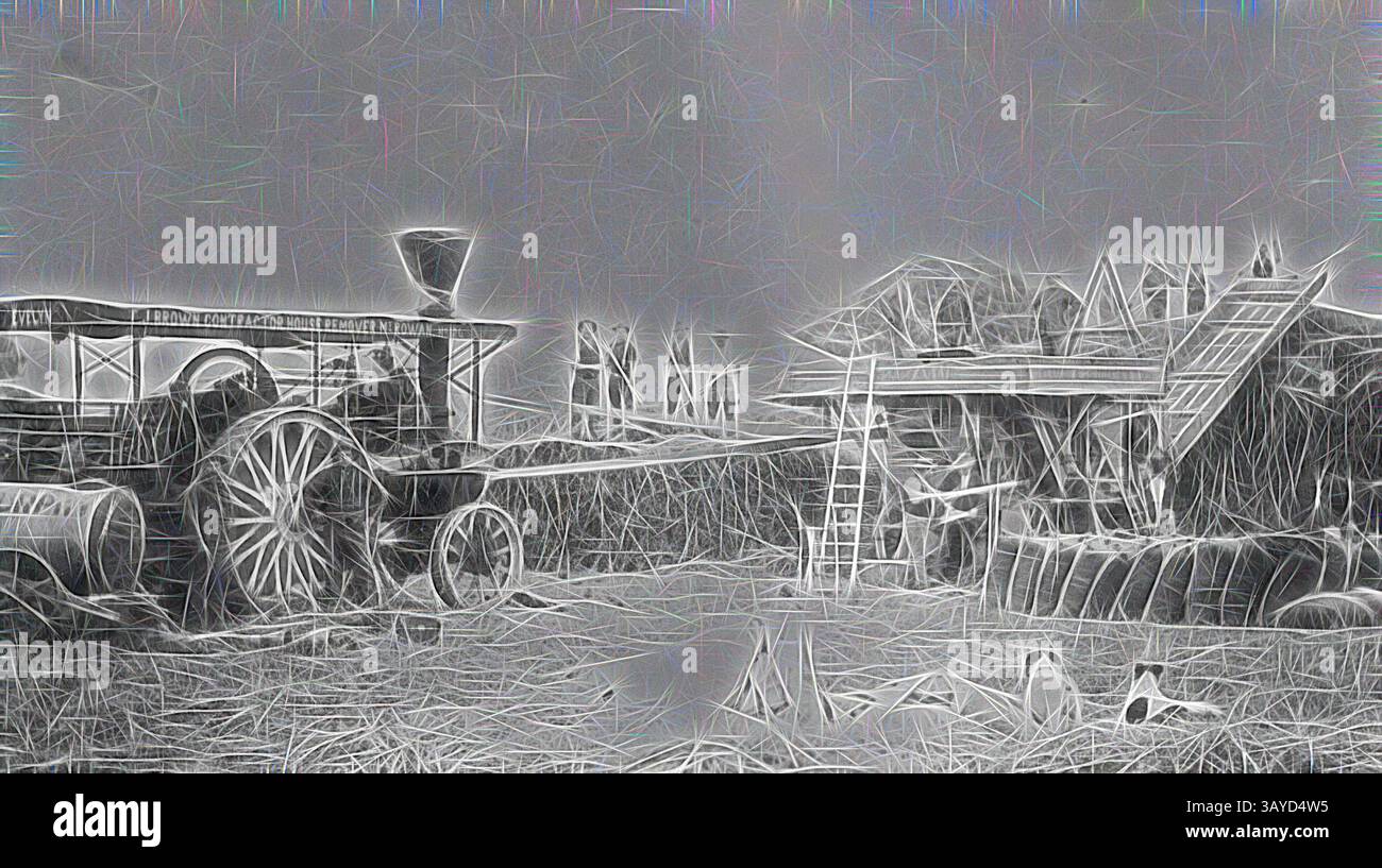 A vintage agricultural scene featuring a steam-powered tractor ...