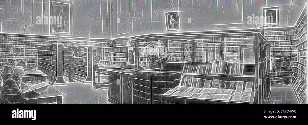 A serene library interior filled with shelves of books, illuminated ...