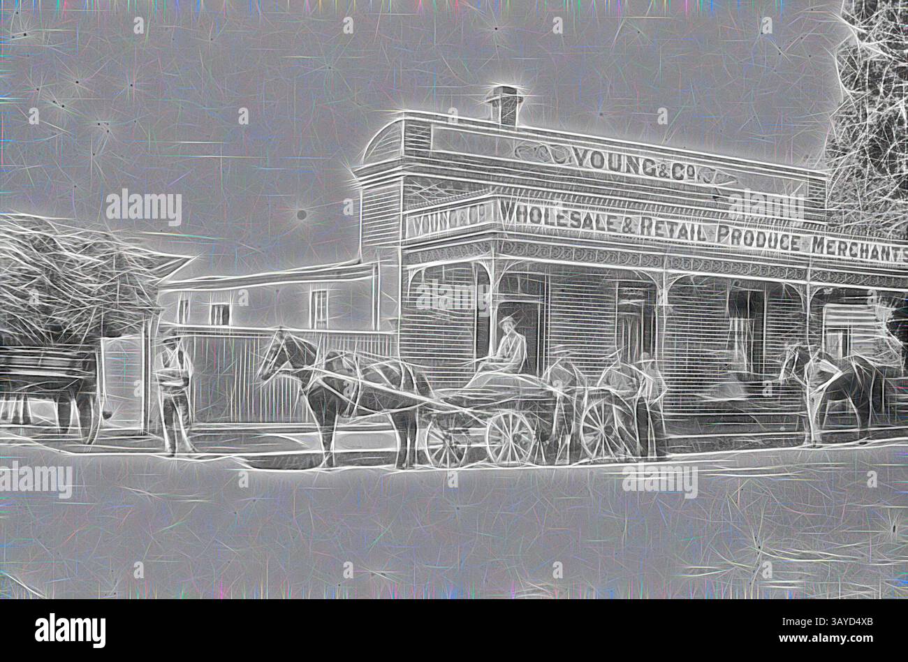 A scene depicting a vintage produce merchant's storefront, featuring a ...