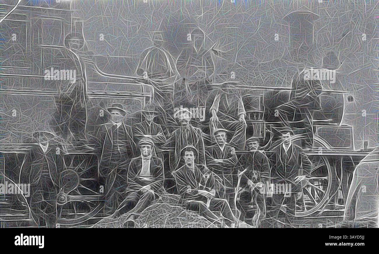 A group of workers pose together in front of a steam locomotive ...