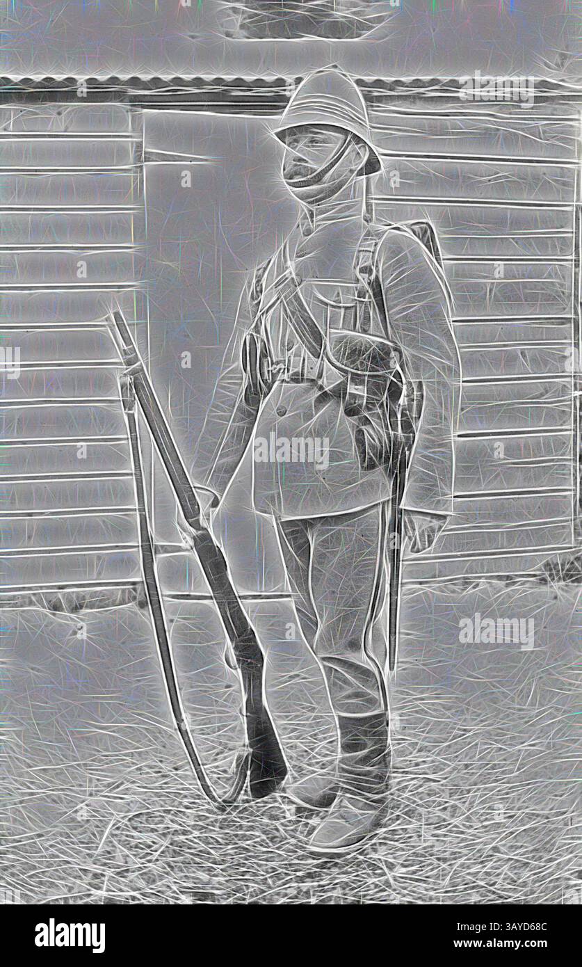 A soldier stands proudly, equipped with a rifle and dressed in a ...