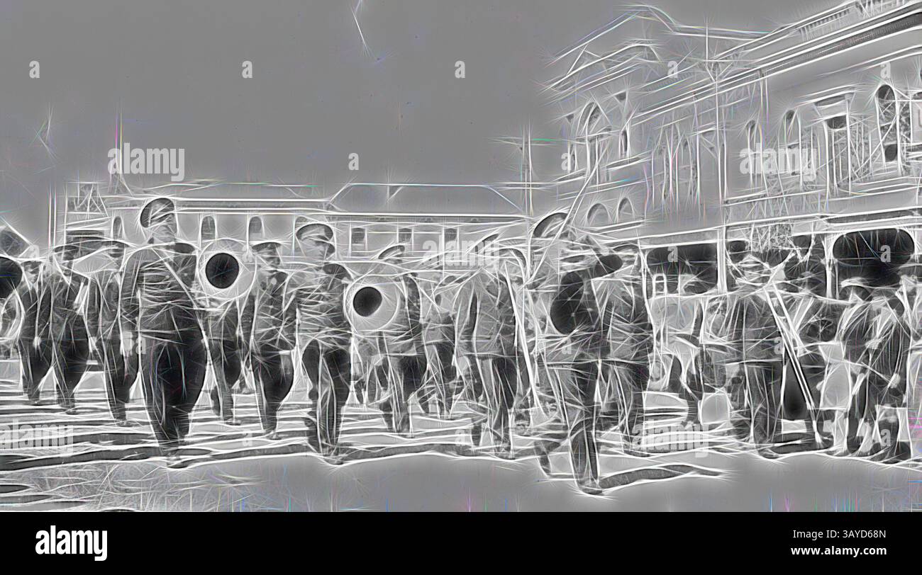 A group of marchers parades through a bustling street, carrying musical ...