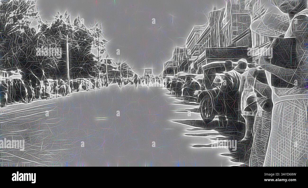 A busy street scene filled with people and vintage cars, lined with ...