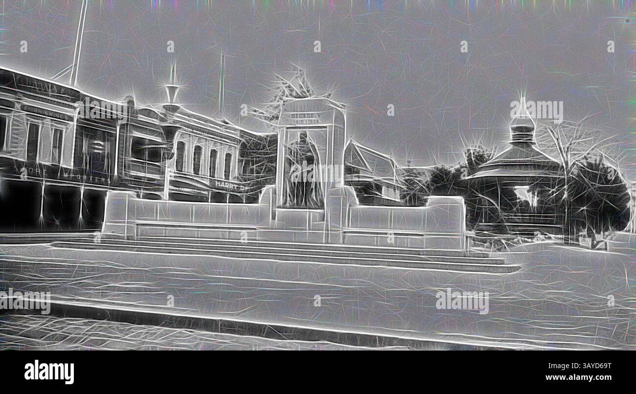 A striking memorial statue stands prominently in a town square, framed ...