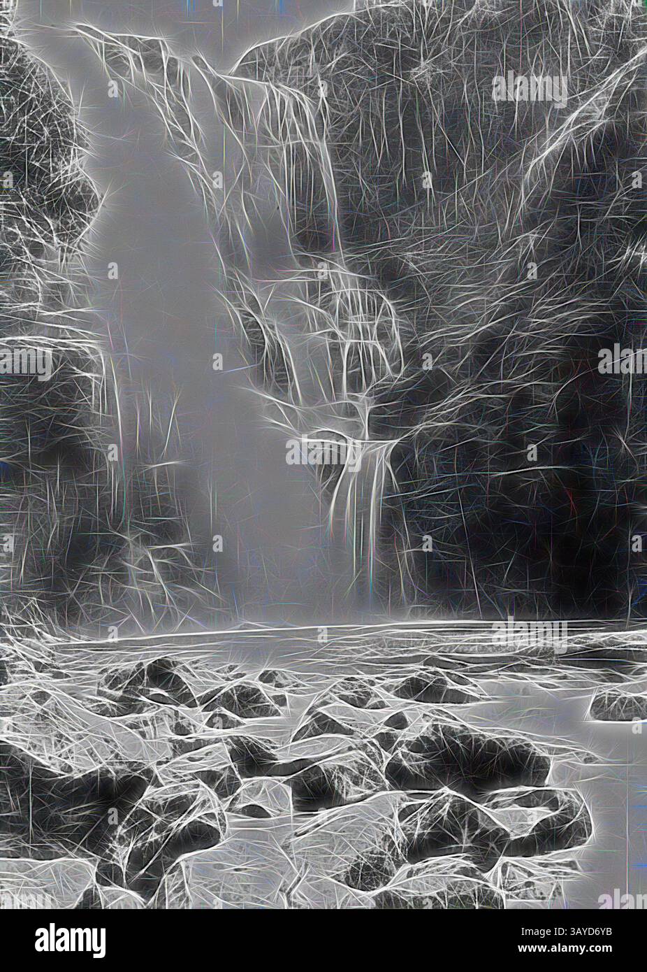 A cascading waterfall tumbles down rugged cliffs, surrounded by ...