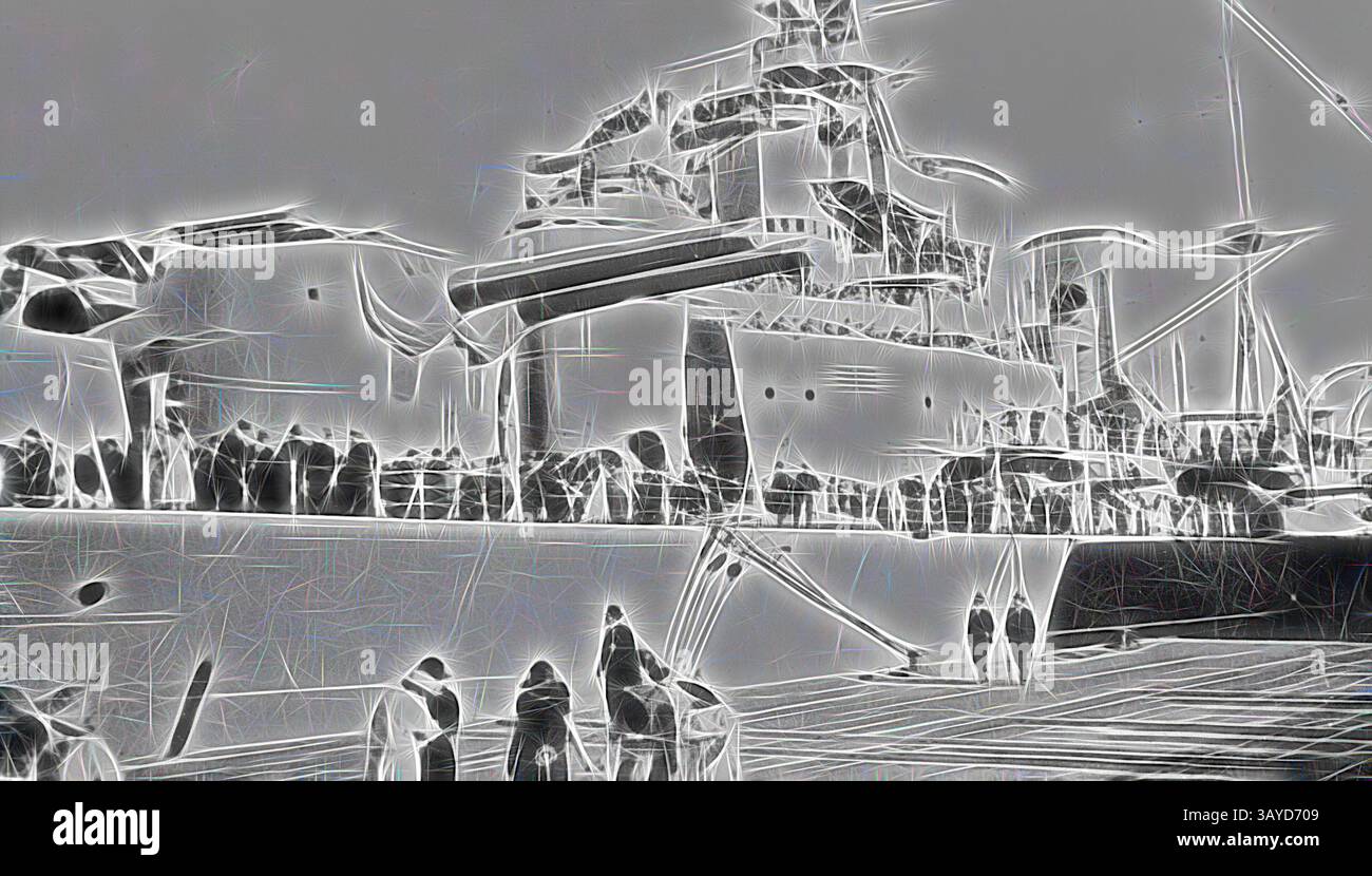 A striking view of a ship docked alongside a bustling waterfront, with ...