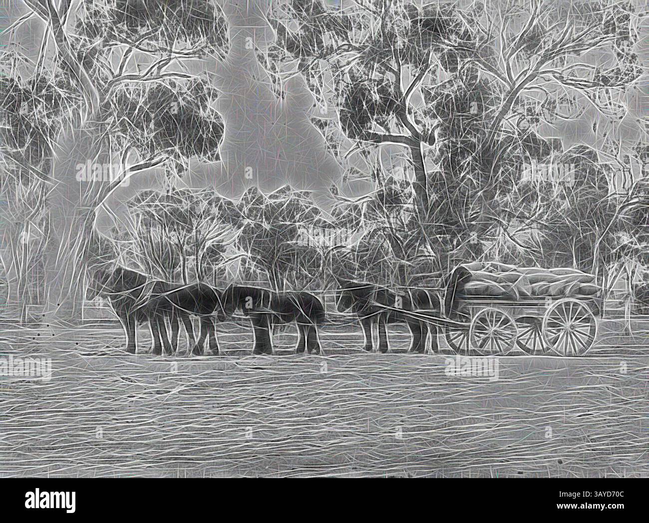 A team of horses stands patiently beside a cart, loaded with supplies ...
