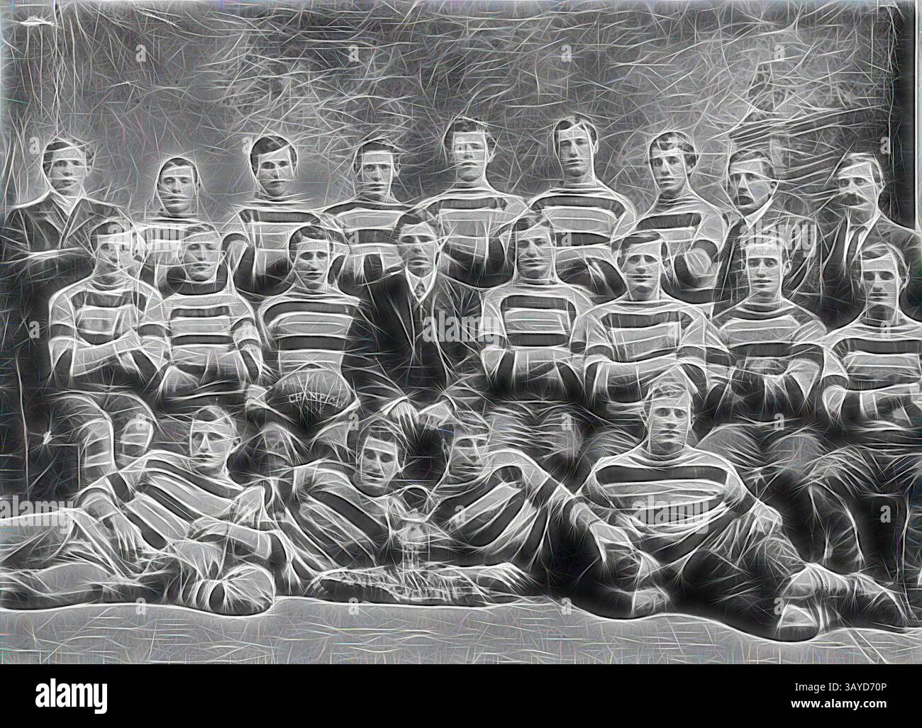 A historical group portrait of a sports team, featuring players dressed ...