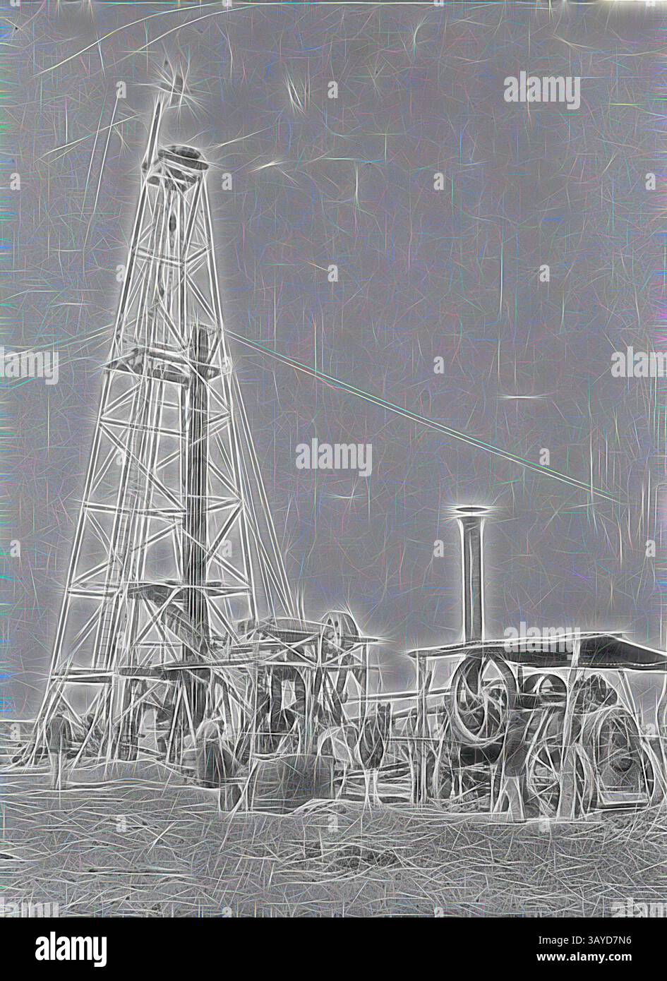 An oil rig stands prominently against the sky, accompanied by a vintage ...