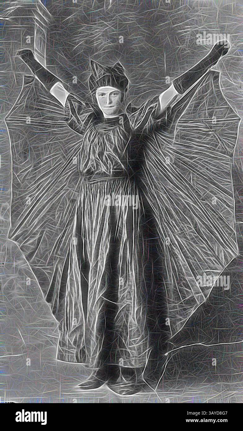 A figure striking a dynamic pose, dressed in a dramatic outfit with ...