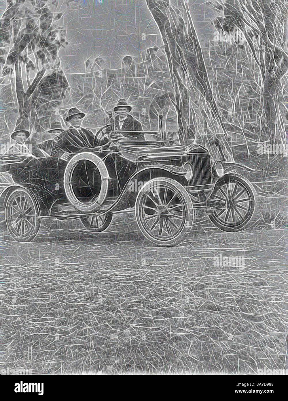 Four men in vintage attire are seated in an early 20th-century ...