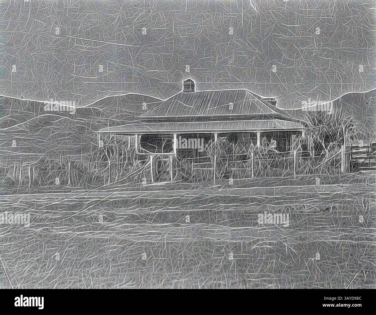 An old, rustic house stands amidst rolling hills, featuring a sloped ...