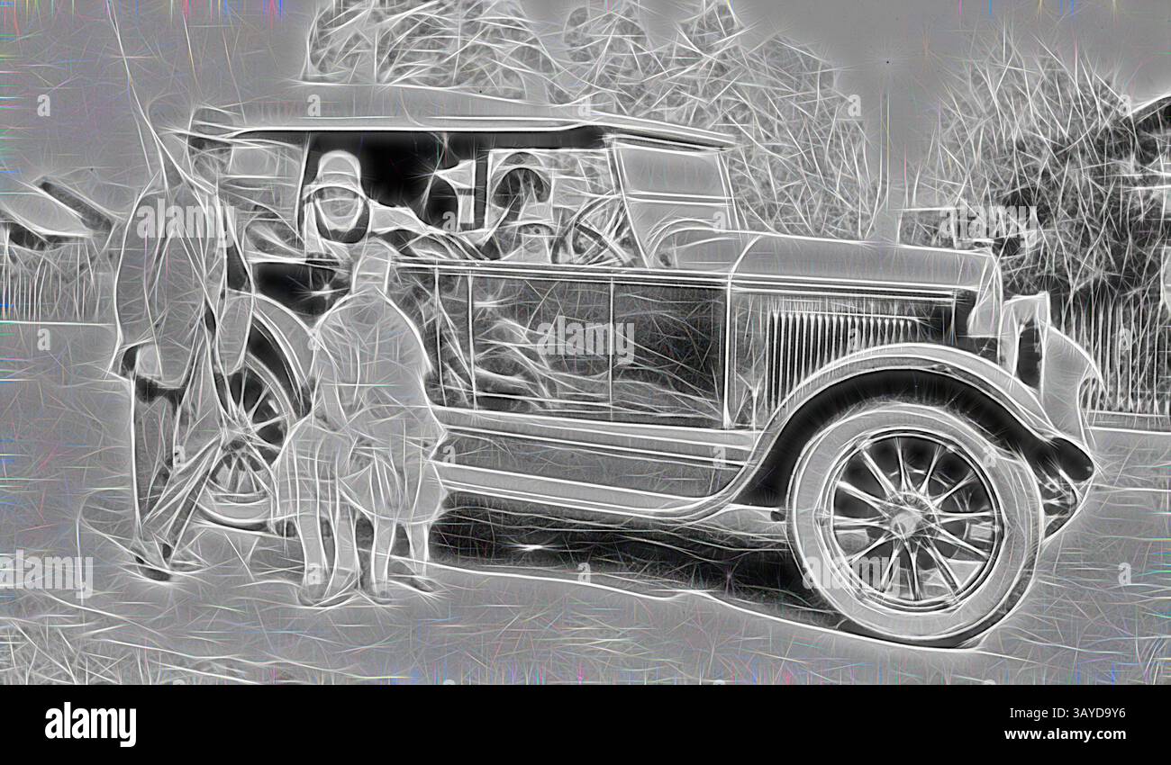 A vintage car is parked on a quiet street, surrounded by people dressed ...