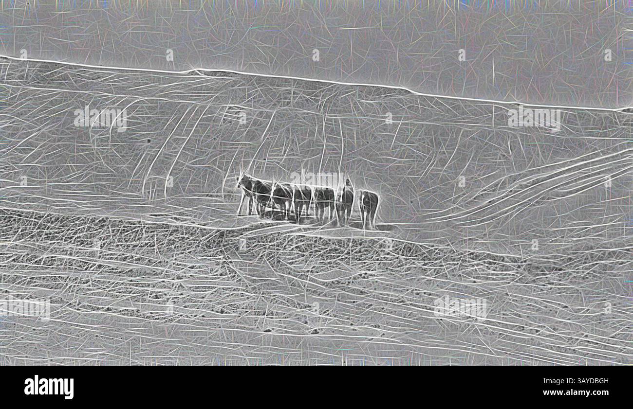 A group of horses stands on a textured landscape, their outlines gently ...