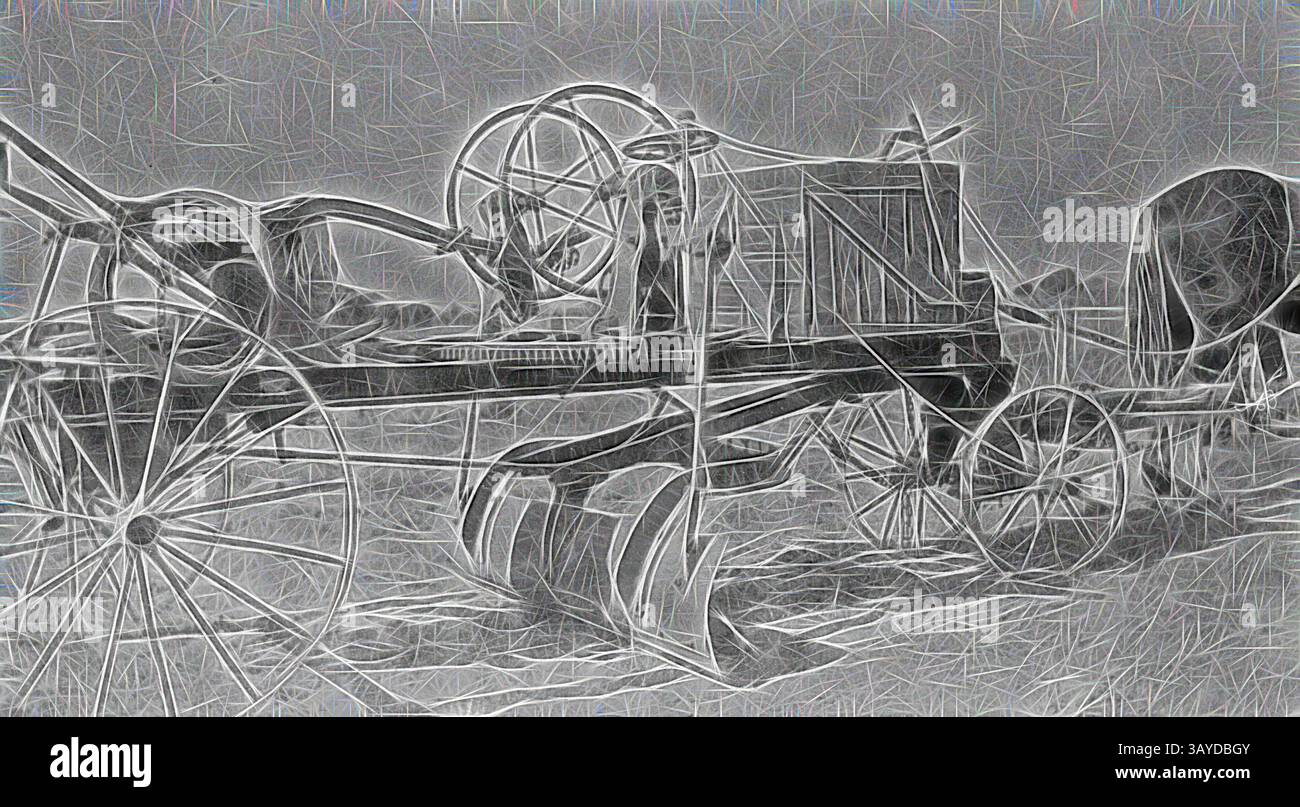 An old agricultural machine stands prominently, showcasing intricate ...