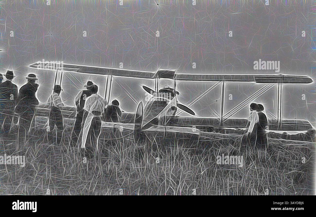 A group of people gather around an early aircraft, with spectators ...