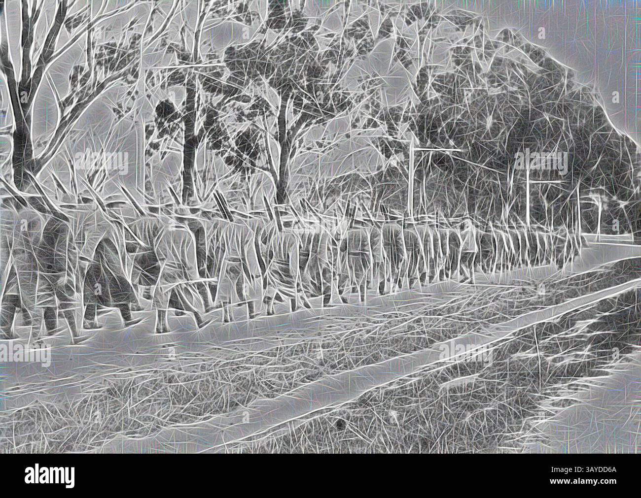 A long line of figures is seen walking along a pathway, flanked by ...