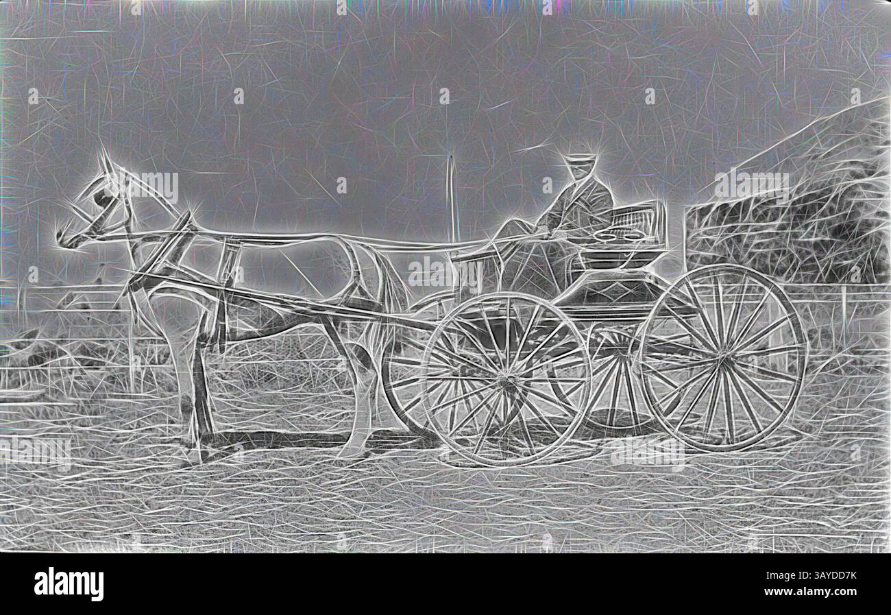 A horse-drawn carriage stands ready, with a driver seated at the reins ...