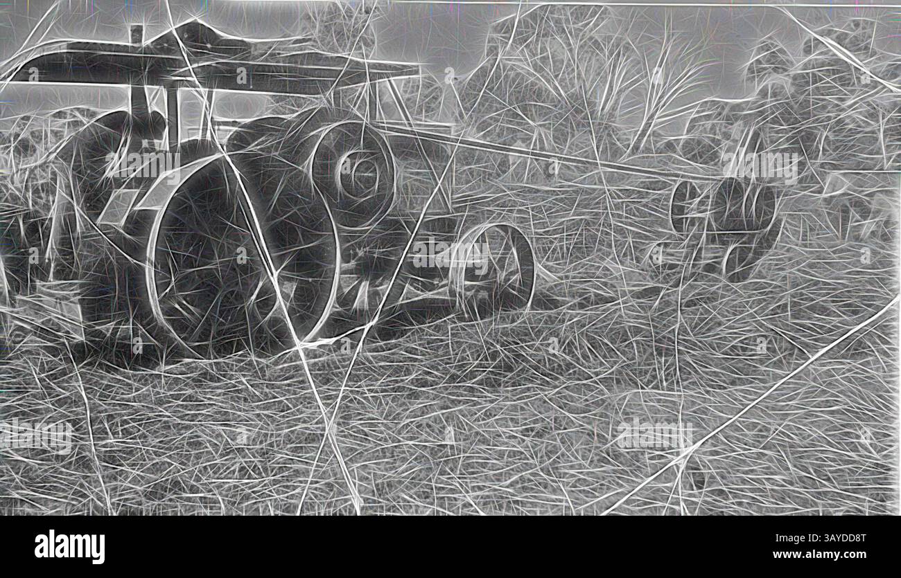 A vintage agricultural scene showcasing an old-fashioned machine ...