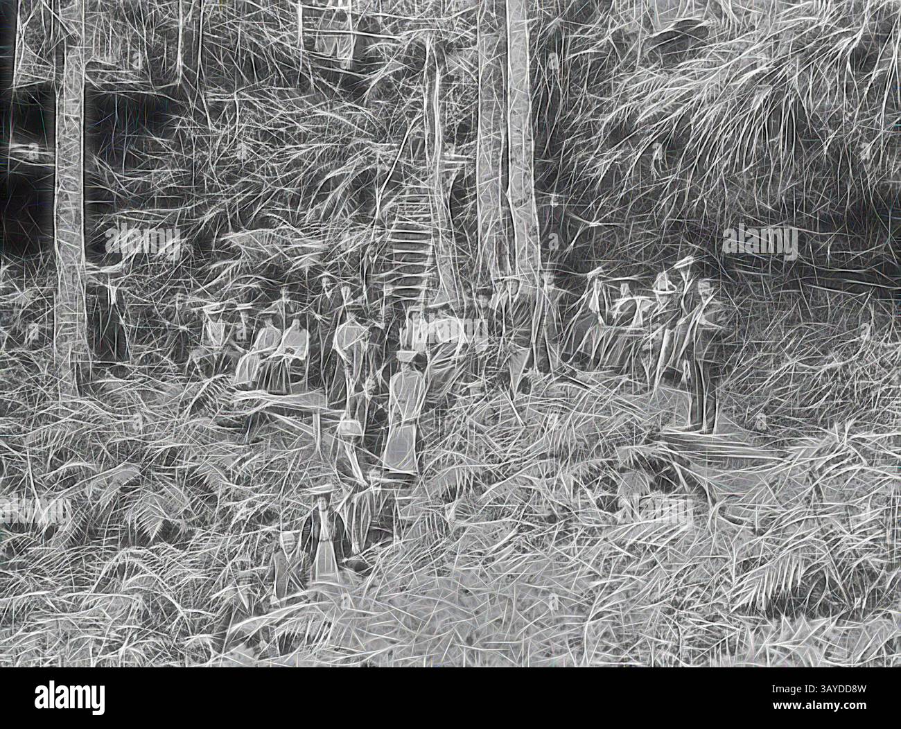 A group of individuals gathers in a lush, dense forest, surrounded by ...