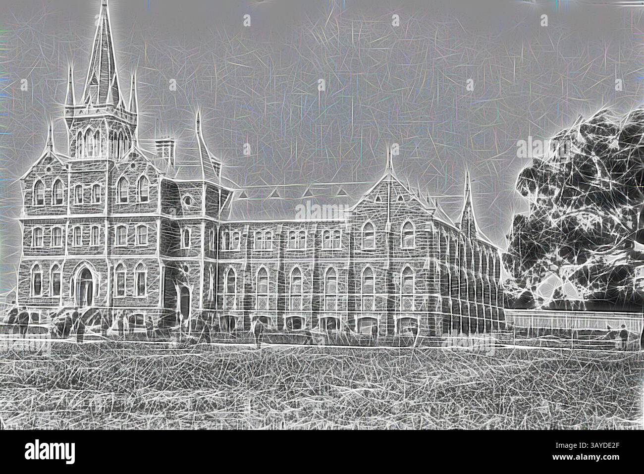 An impressive, intricate building characterized by its tall spire ...