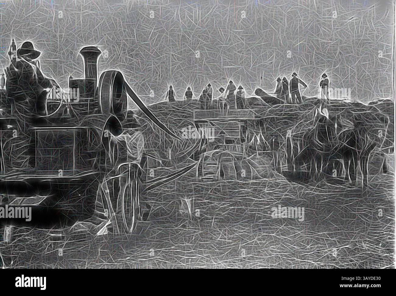 A steam engine stands prominently in the foreground, with workers and ...