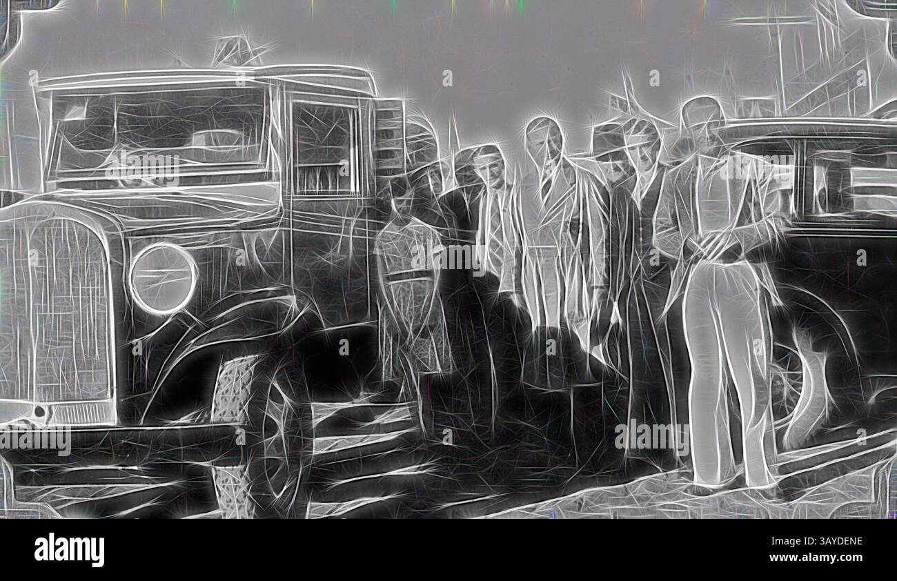 A group of elegantly dressed individuals stands beside a vintage car ...