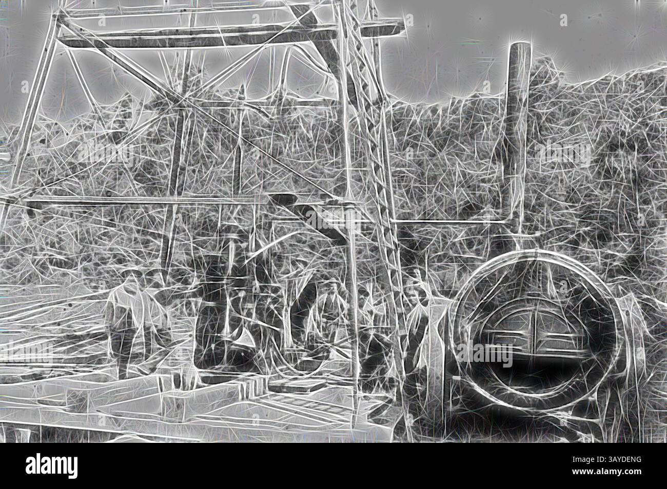 A group of workers is seen engaging with heavy machinery and structures ...