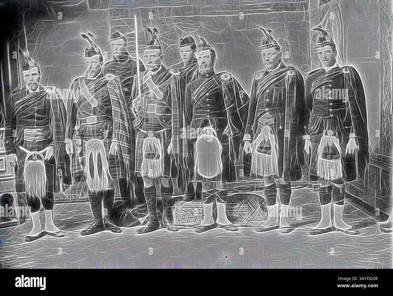 A group of seven soldiers stands in formation, each adorned in ...