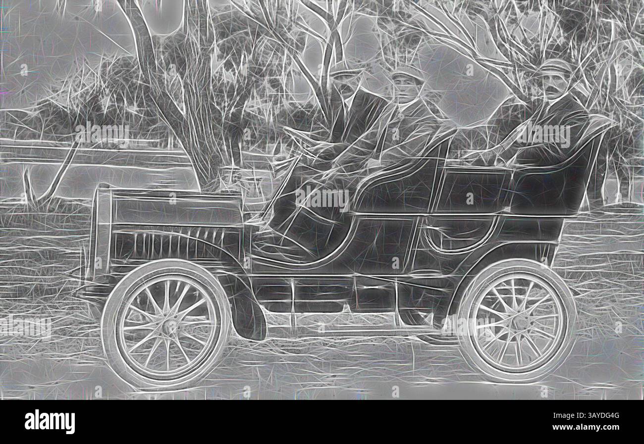 Two elegantly dressed gentlemen sit in a vintage automobile, surrounded ...