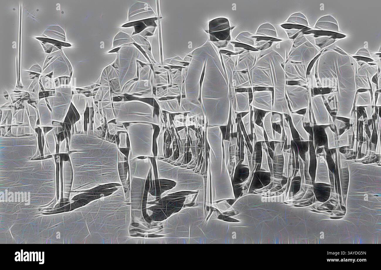 A gathering of uniformed soldiers stands in formation, engaging in a ...