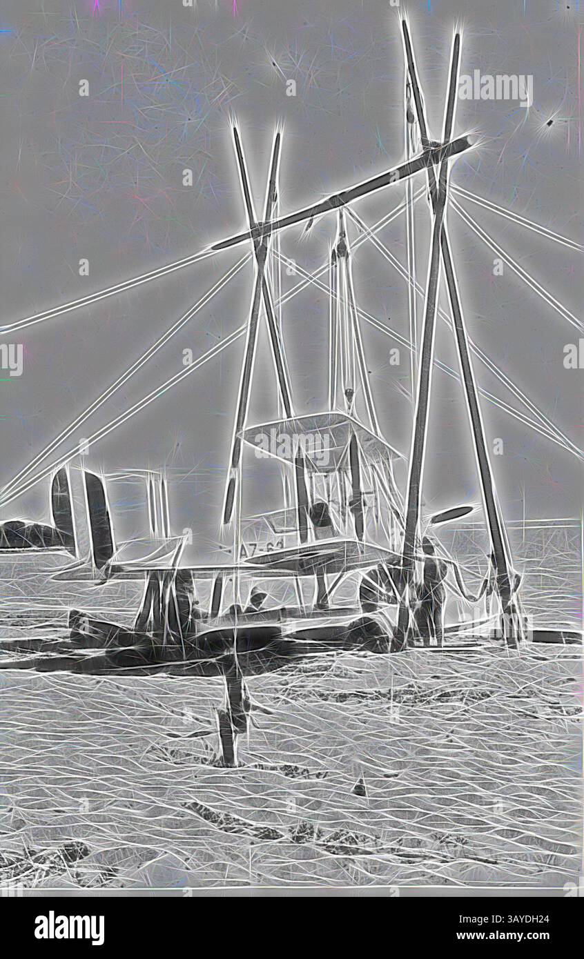 A stylized fishing boat is anchored at the shoreline, supported by tall ...