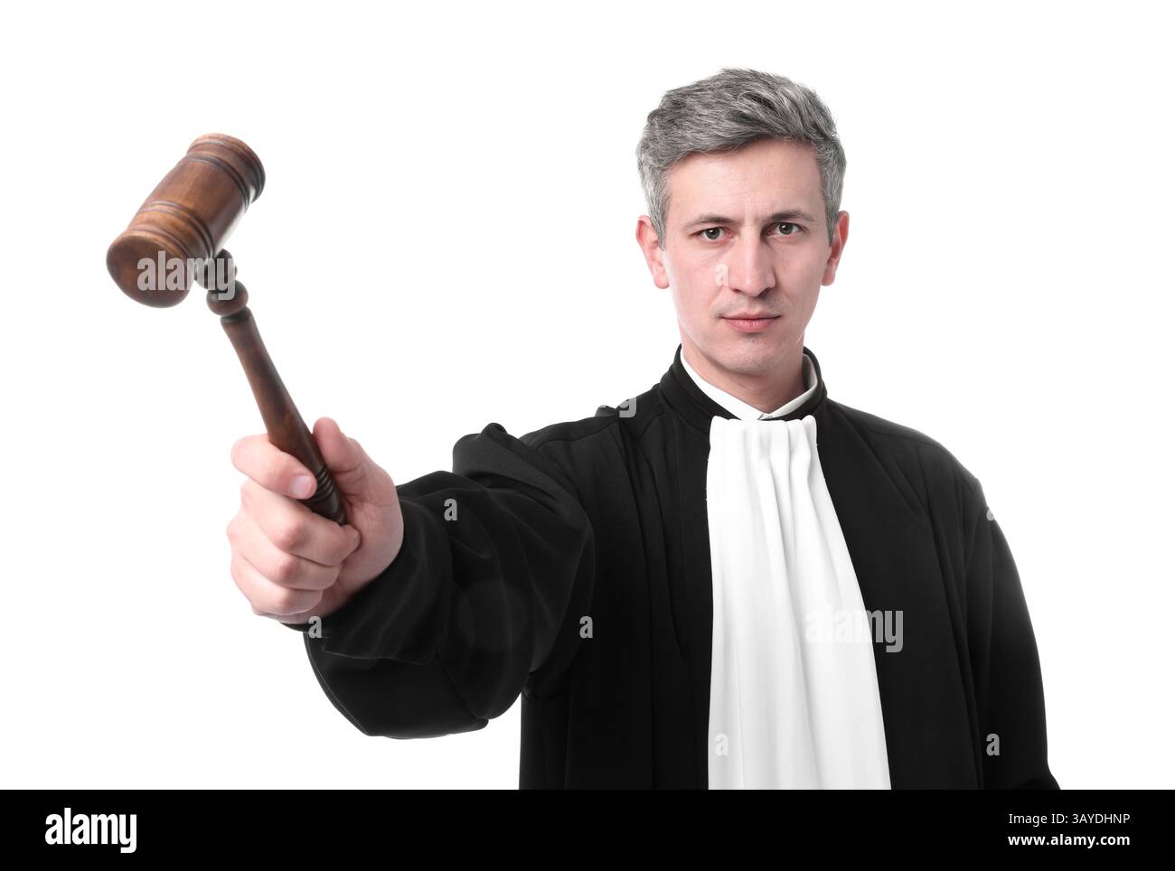 Judge with mallet in court dress on white background Stock Photo - Alamy