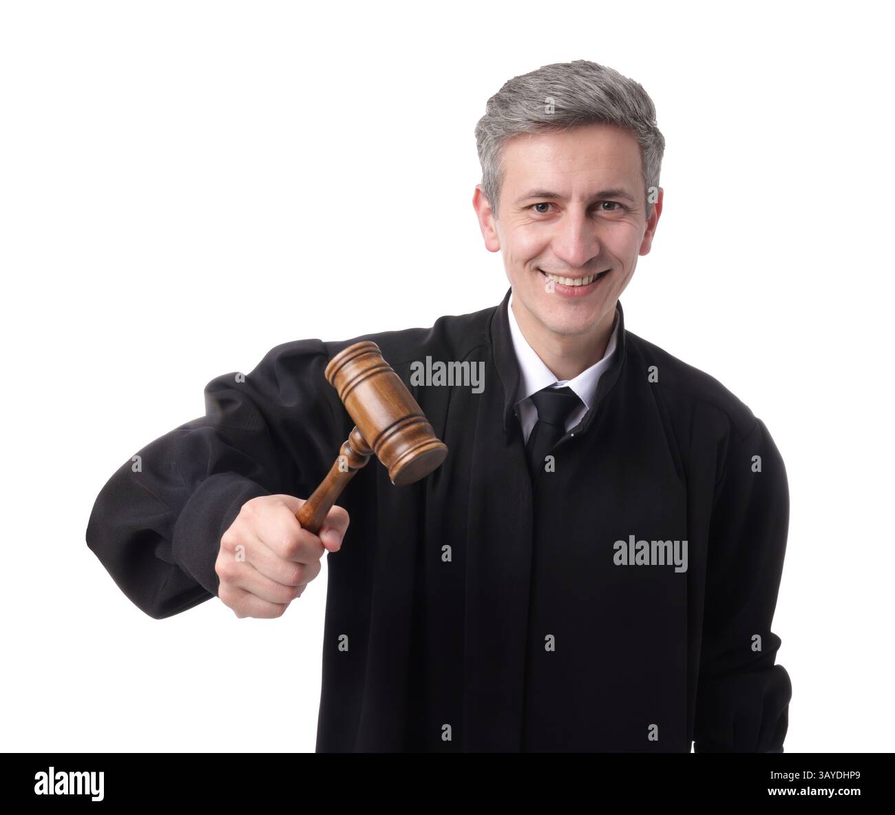 Smiling judge in court dress with mallet on white background Stock ...