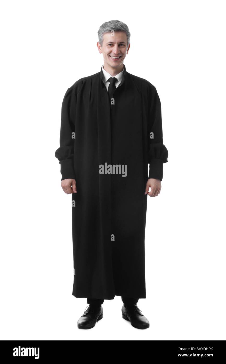 Smiling judge in court dress on white background Stock Photo - Alamy