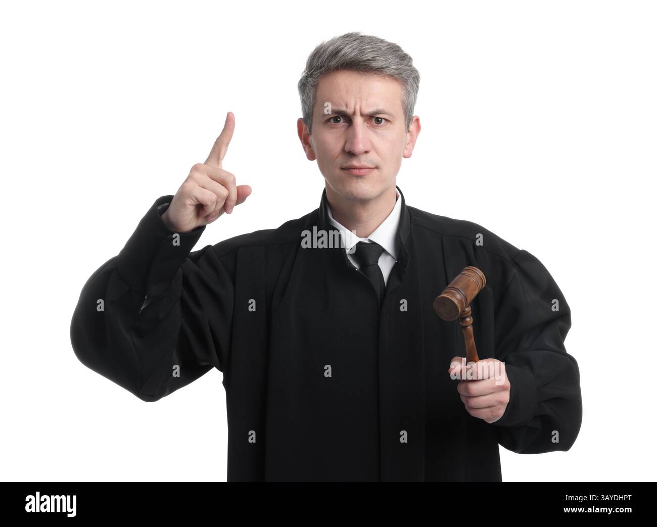 Judge with mallet gesturing on white background Stock Photo - Alamy