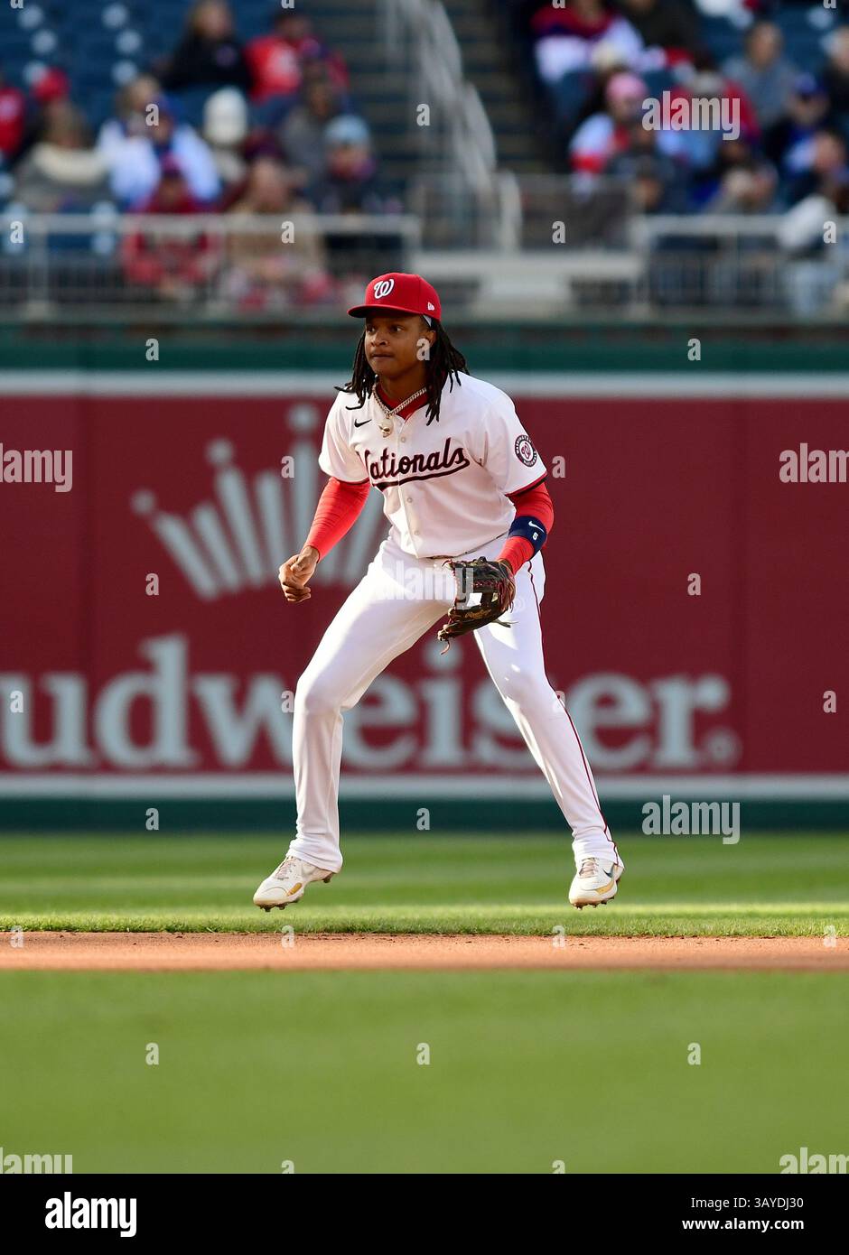 WASHINGTON, DC - APRIL 09: Nationals shortstop C.J. Abrams (5) waits ...