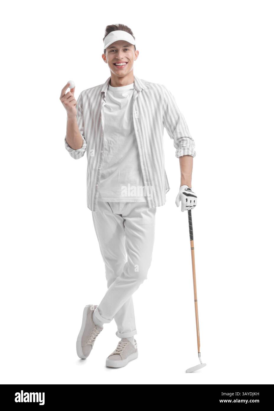 Man with golf club and ball on white background Stock Photo - Alamy
